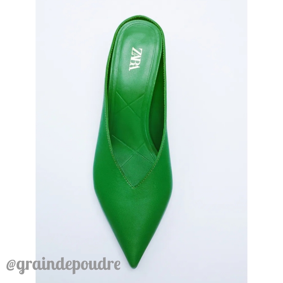 Zara | Shoes | Rare Hp Zara Kelly Kermit Green Leather Pointy Toe Mules ...